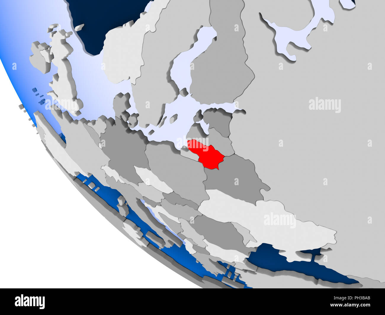 Map of Lithuania in red on political globe with transparent oceans. 3D ...