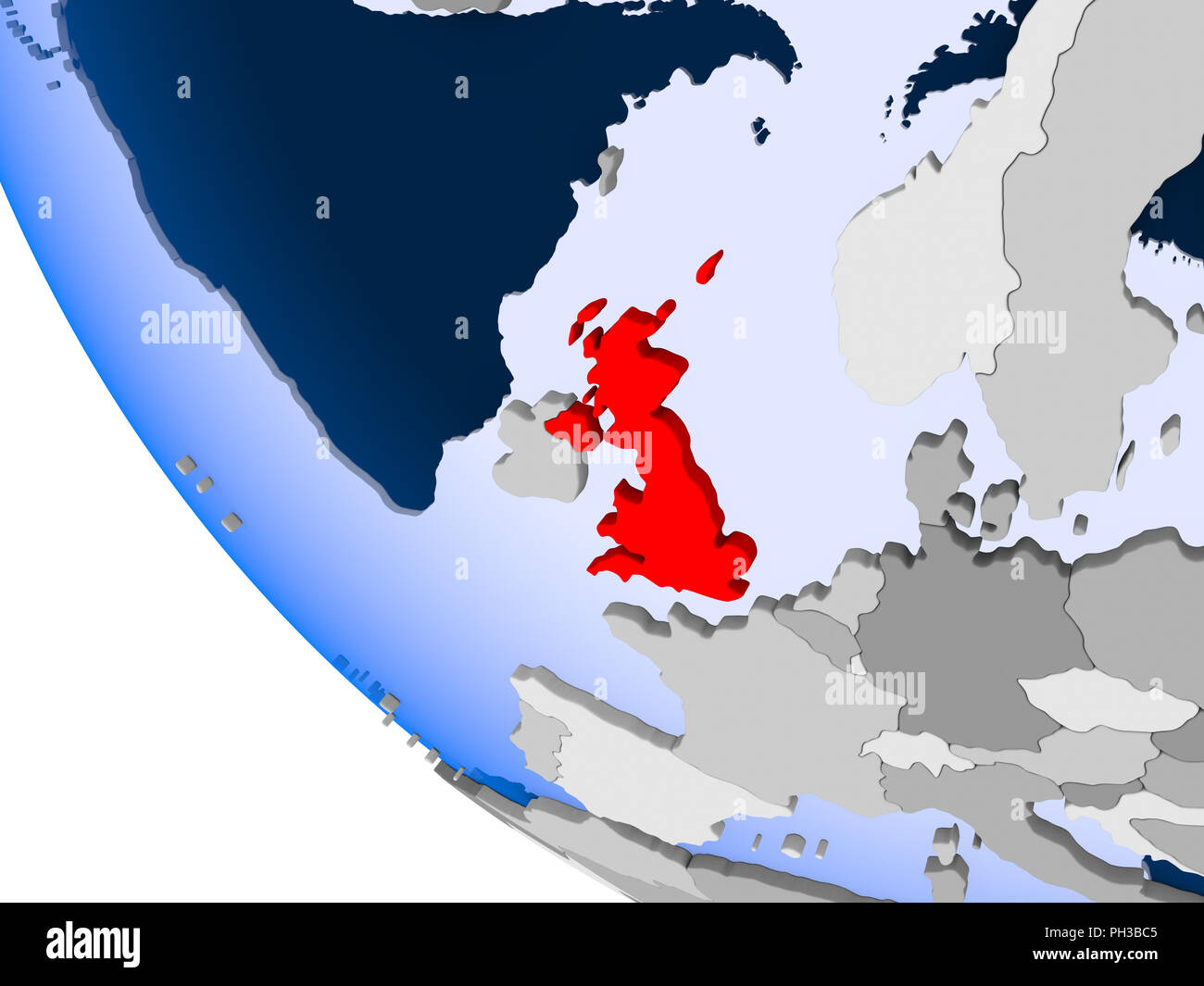 Map of United Kingdom in red on political globe with transparent oceans ...