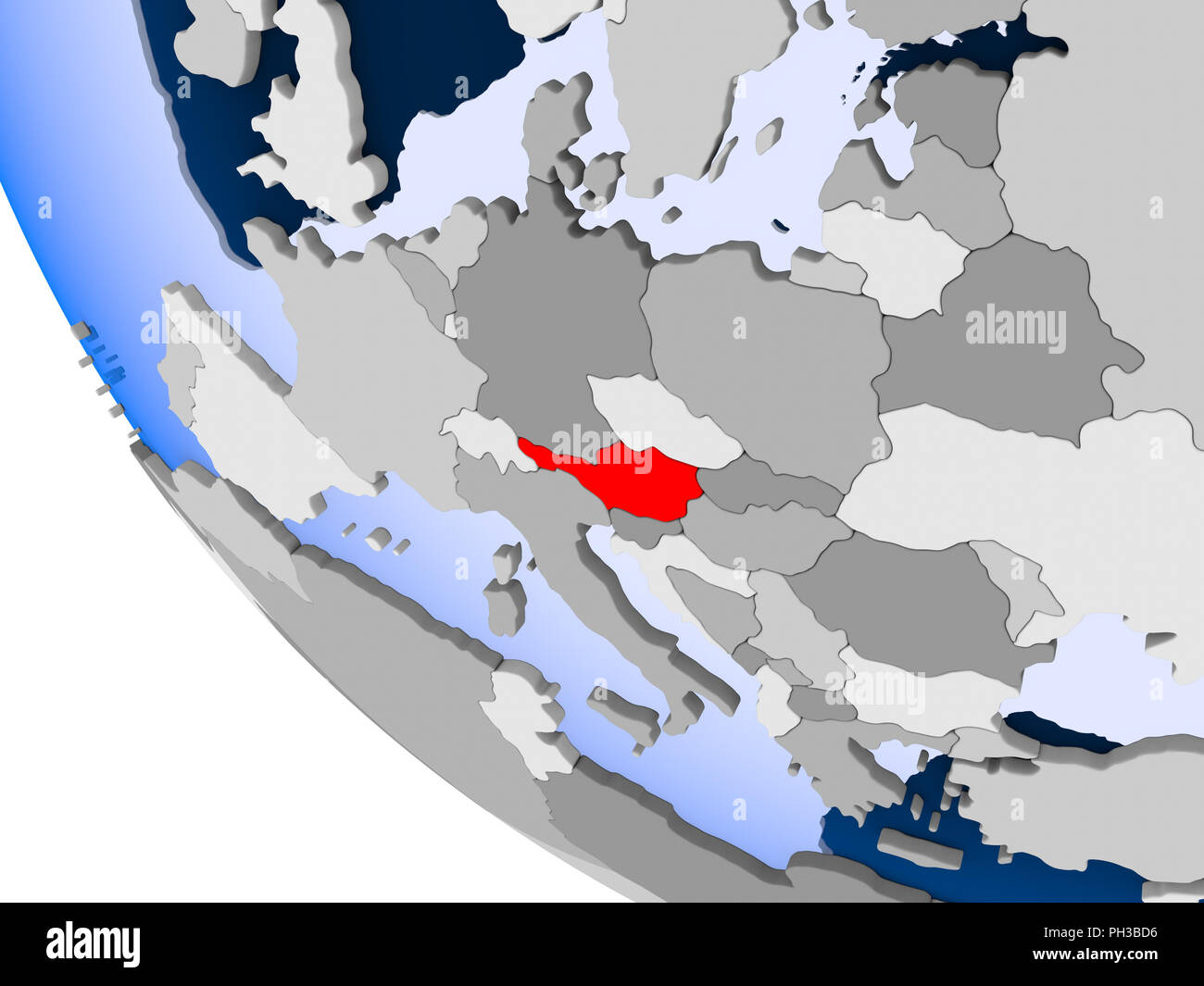 Map of Austria in red on political globe with transparent oceans. 3D ...