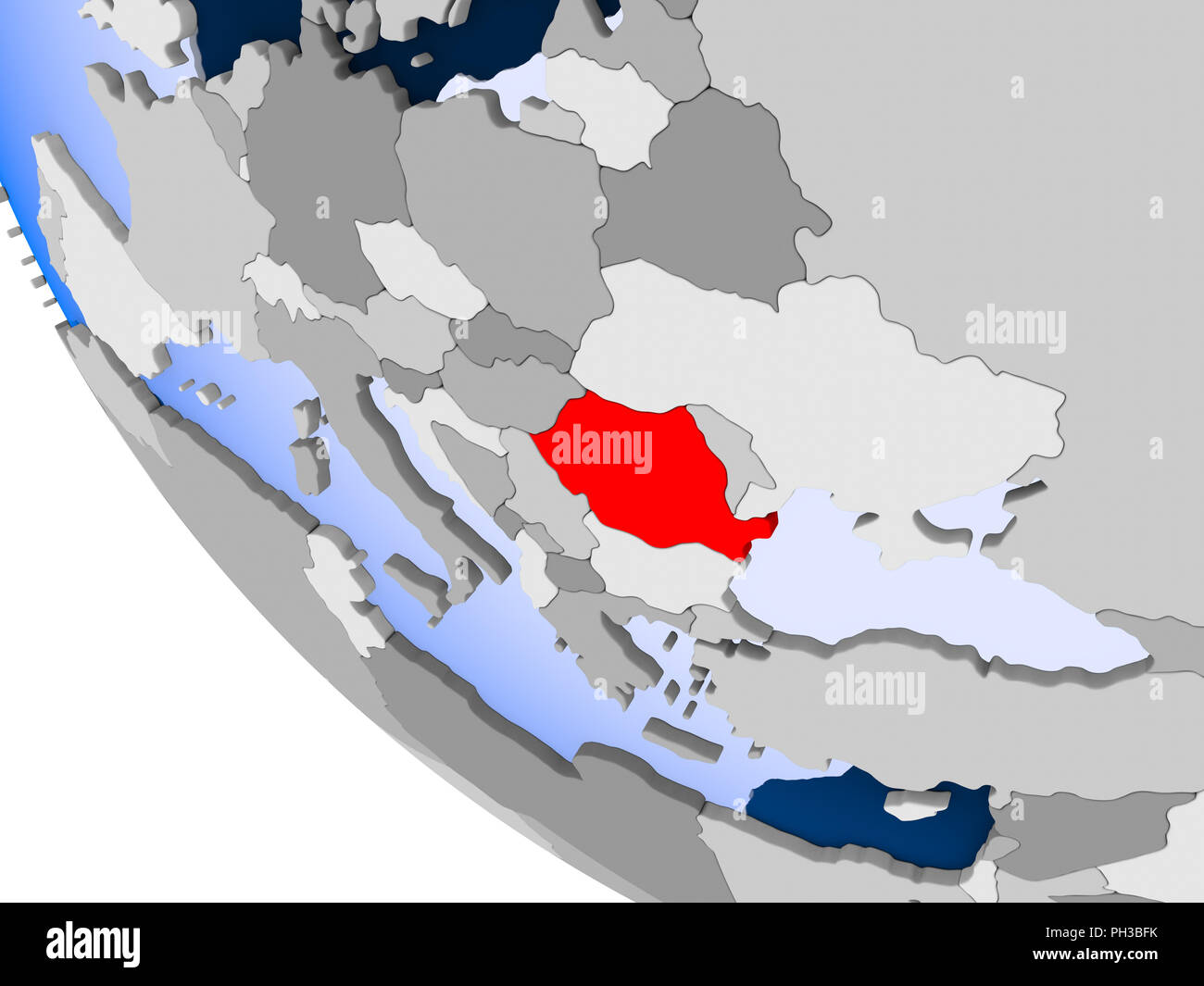 Map of Romania in red on political globe with transparent oceans. 3D ...