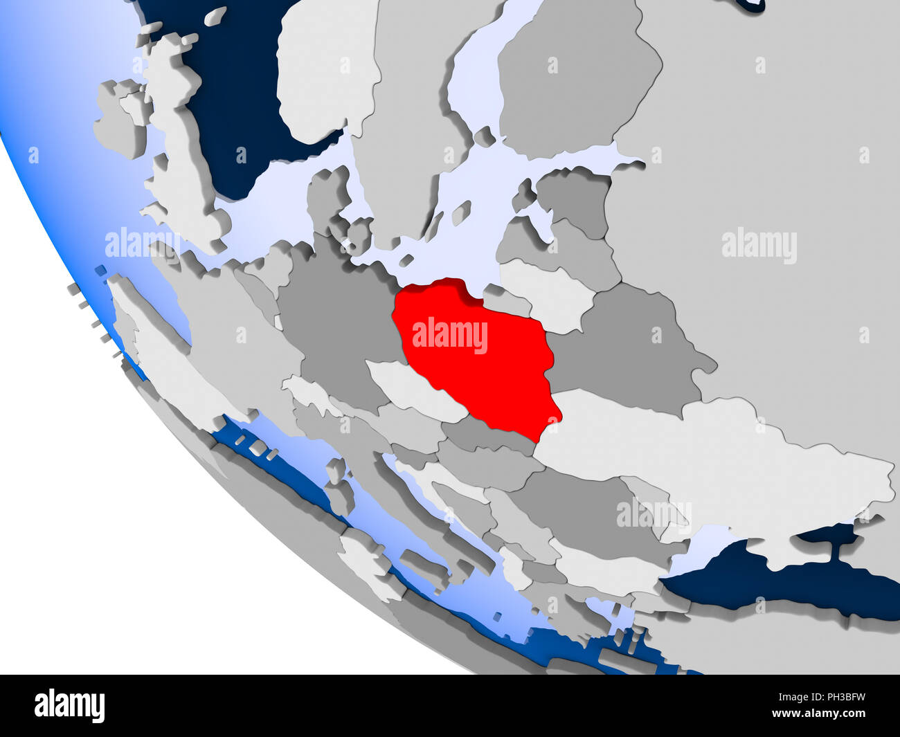 Map of Poland in red on political globe with transparent oceans. 3D ...