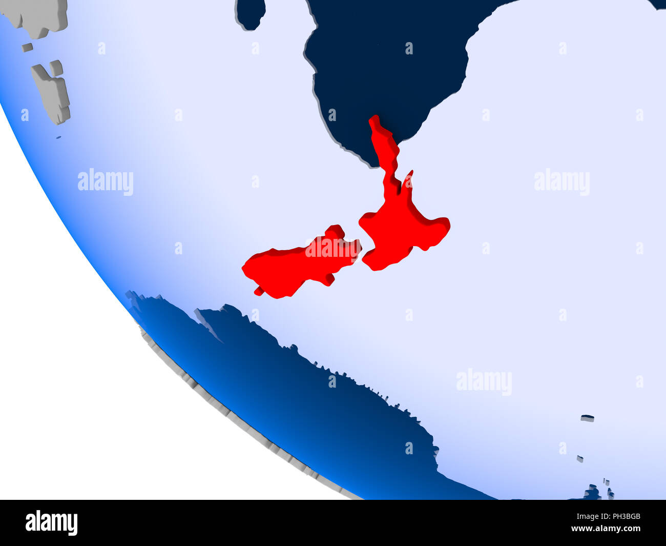 Map of New Zealand in red on political globe with transparent oceans ...