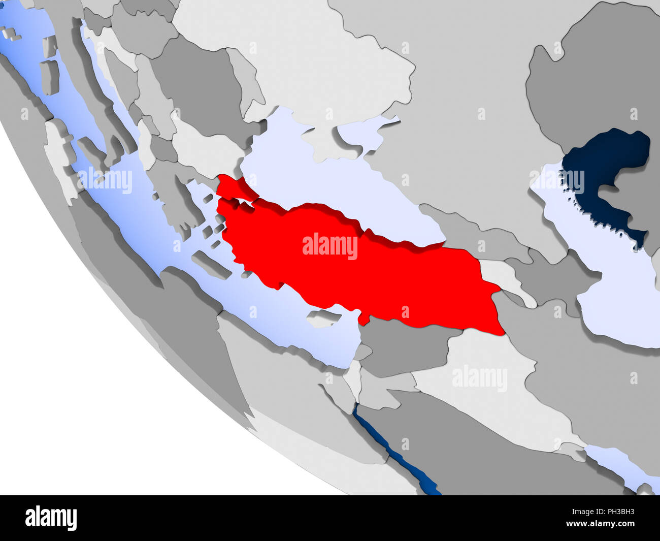 Map of Turkey in red on political globe with transparent oceans. 3D ...