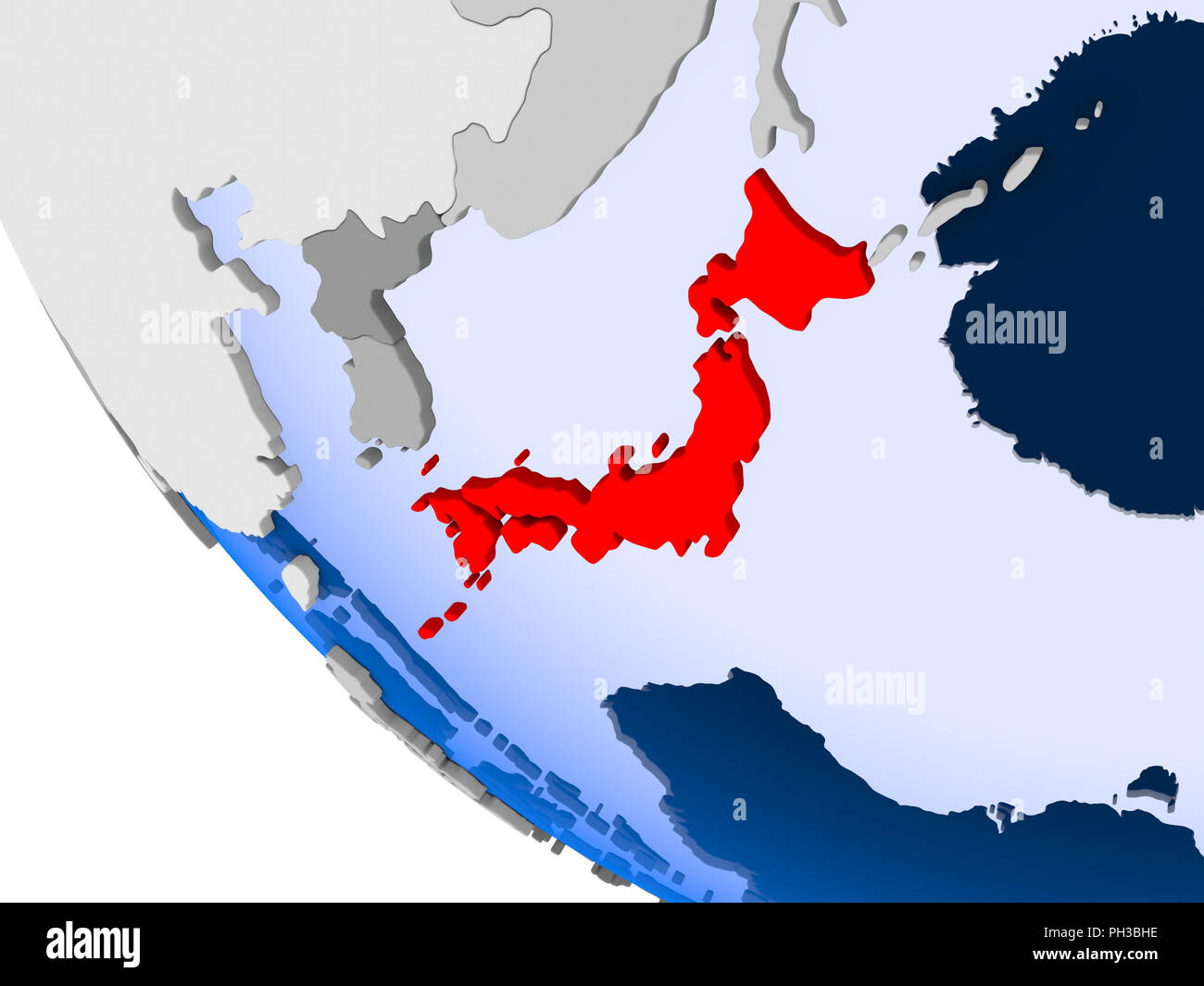 Map of Japan in red on political globe with transparent oceans. 3D ...