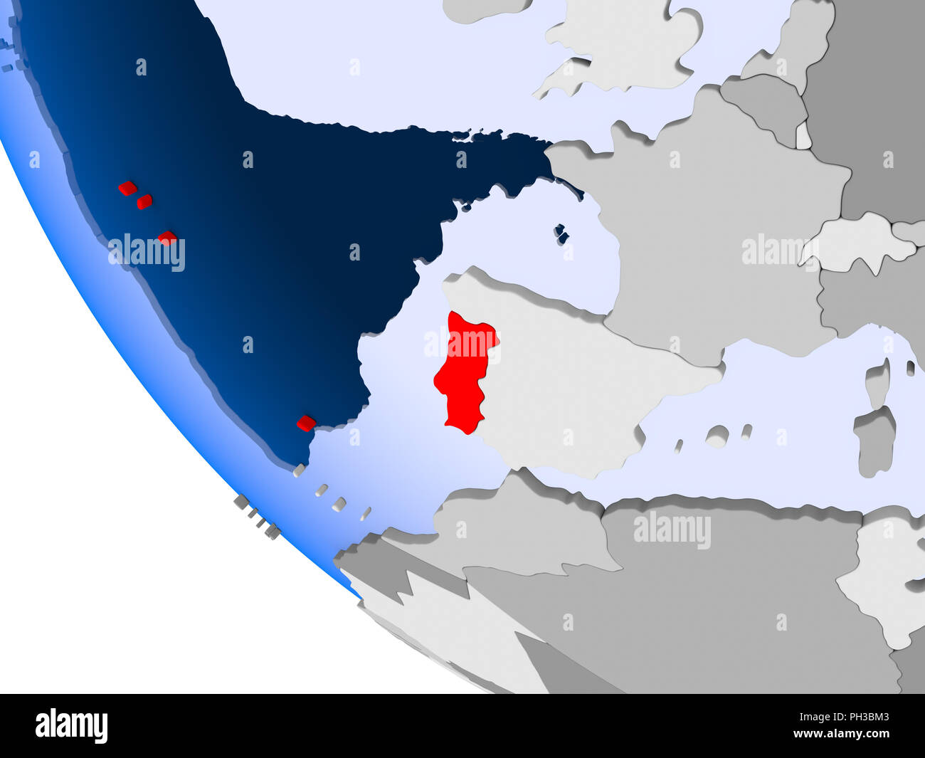 Map of Portugal in red on political globe with transparent oceans. 3D ...