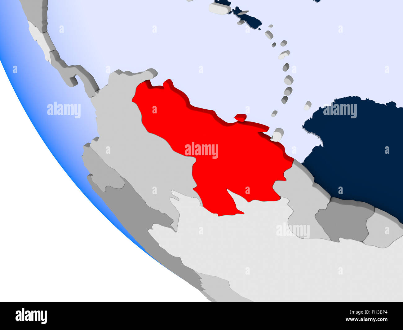 Map of Venezuela in red on political globe with transparent oceans. 3D ...