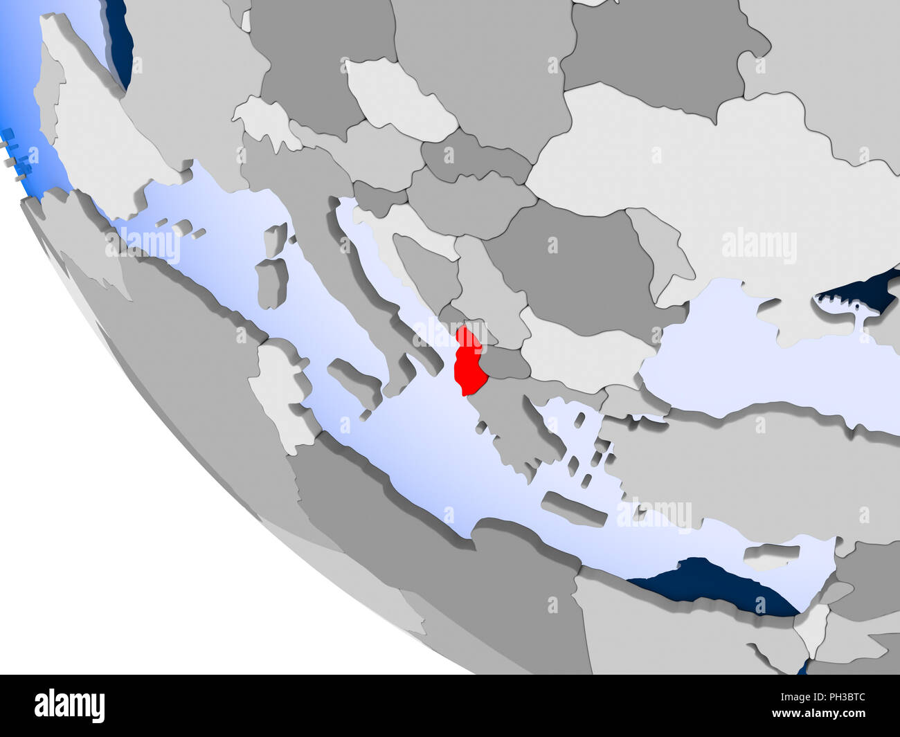 Map of Albania in red on political globe with transparent oceans. 3D ...