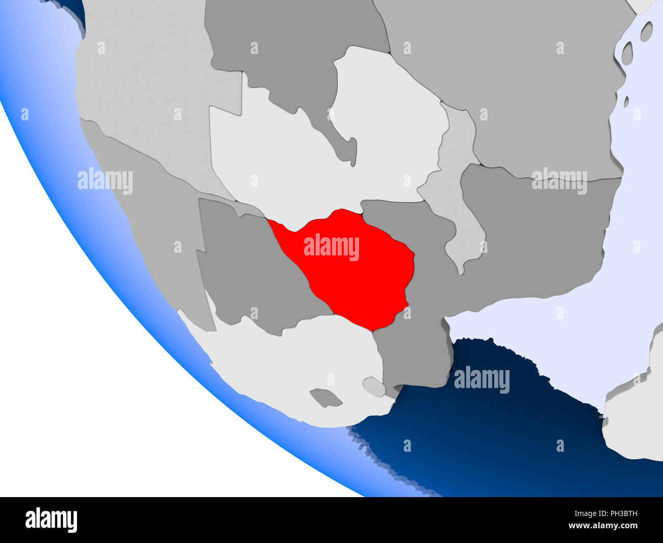 Map of Zimbabwe in red on political globe with transparent oceans. 3D ...
