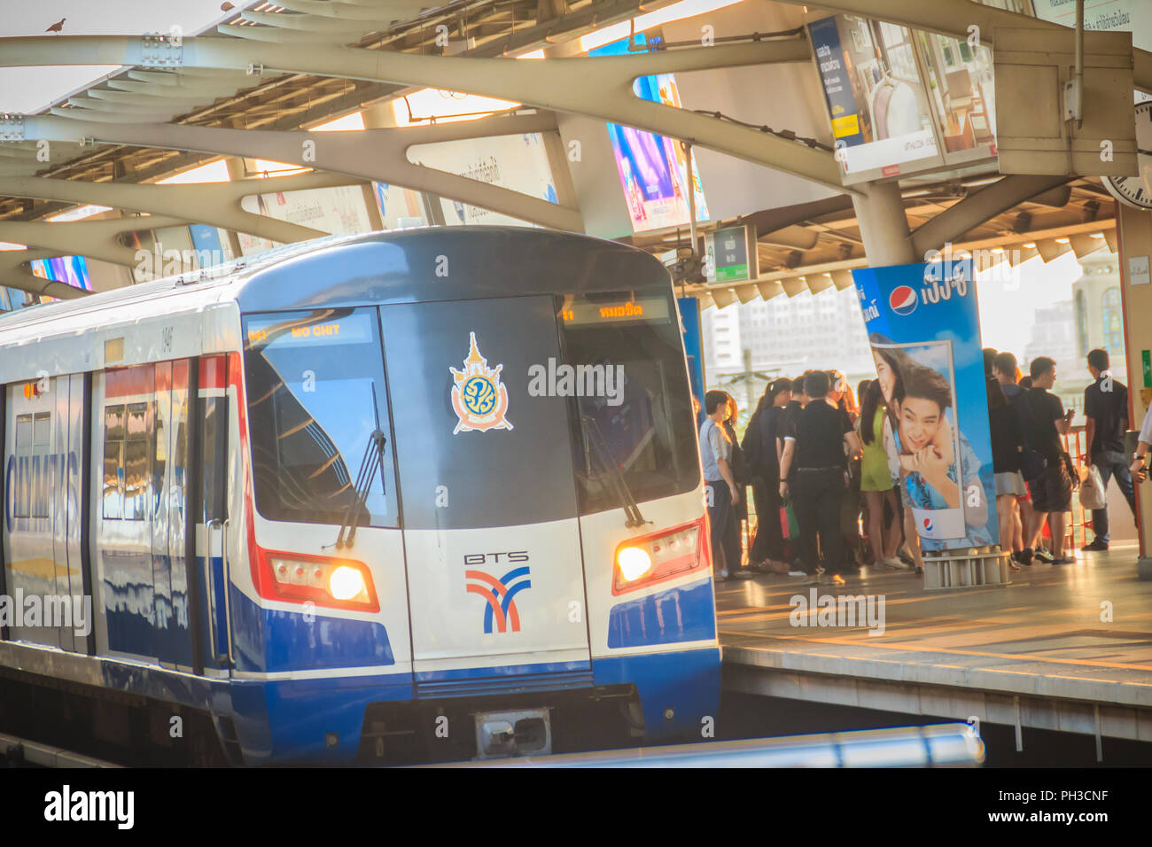 Bangkok, Thailand - March 8, 2017: BTS sky train arriving and stop on ...
