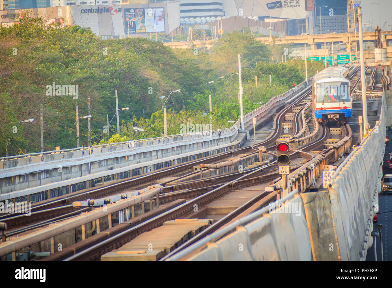 Bangkok, Thailand - March 8, 2017: BTS sky train is driving to the ...