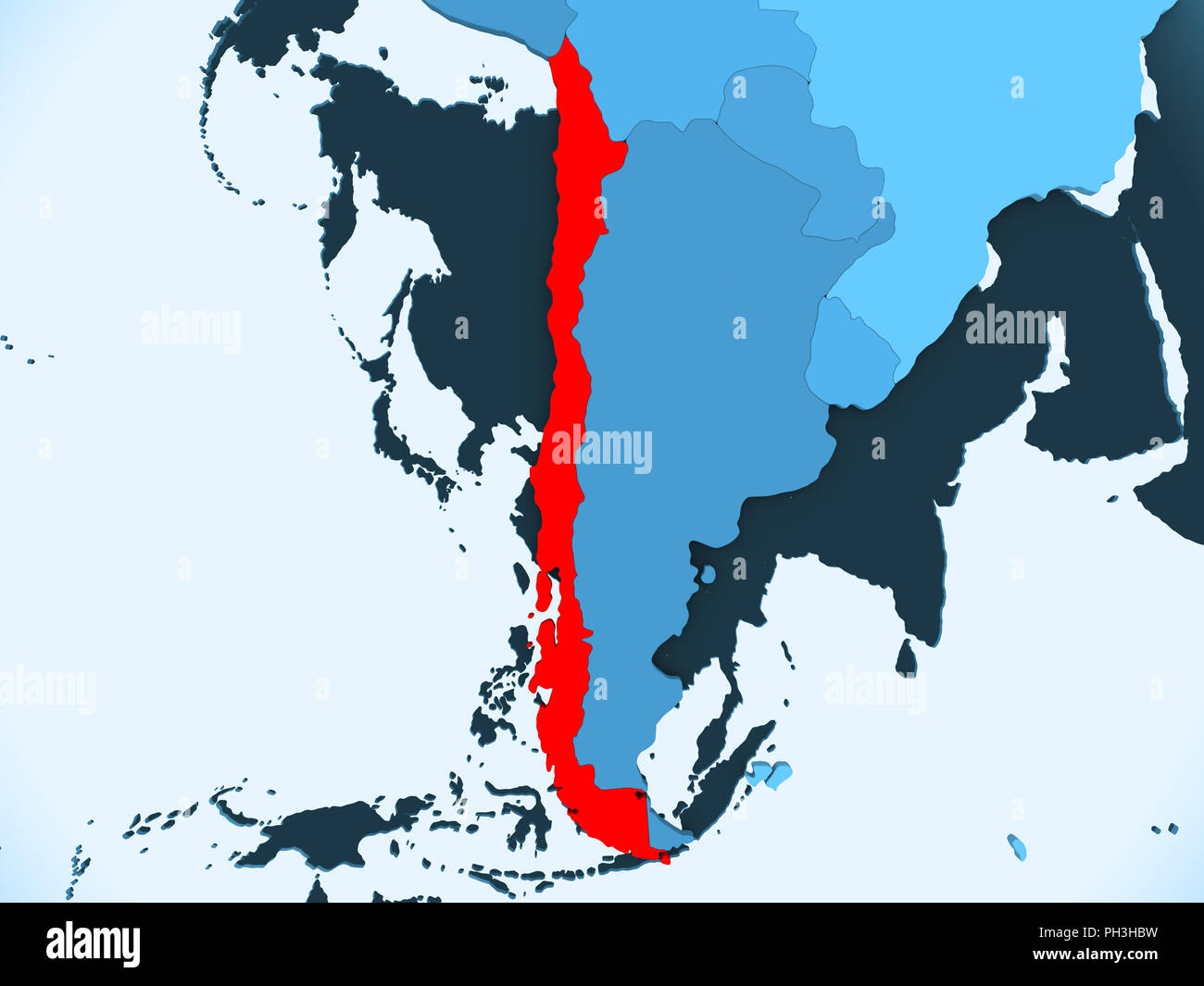Chile in red on blue political map with transparent oceans. 3D ...