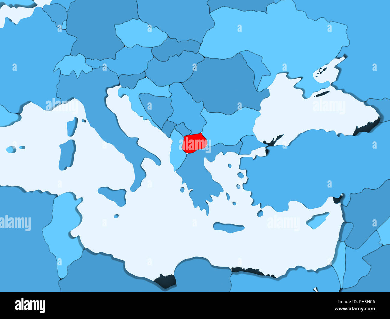 Macedonia in red on blue political map with transparent oceans. 3D ...