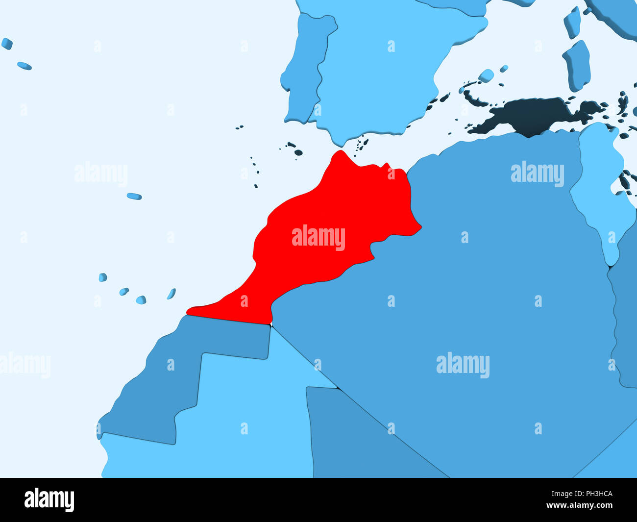 Morocco in red on blue political map with transparent oceans. 3D ...