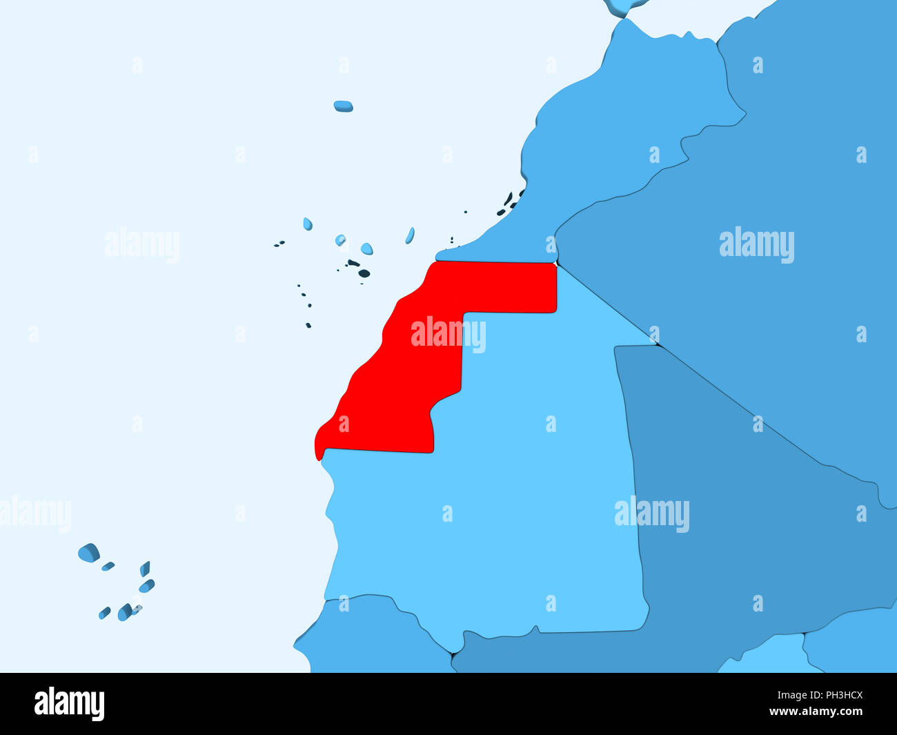 Western Sahara in red on blue political map with transparent oceans. 3D ...