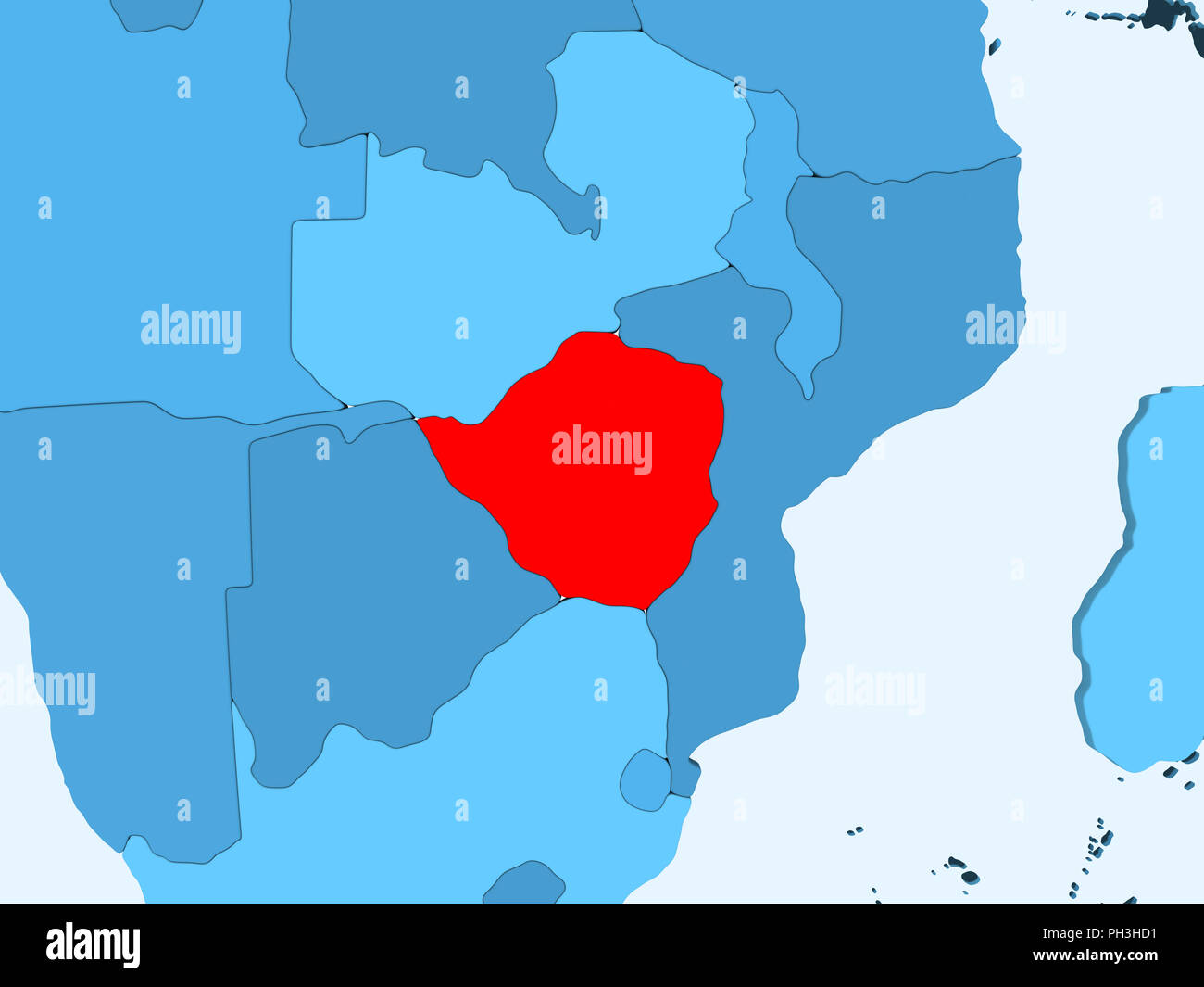 Zimbabwe in red on blue political map with transparent oceans. 3D ...