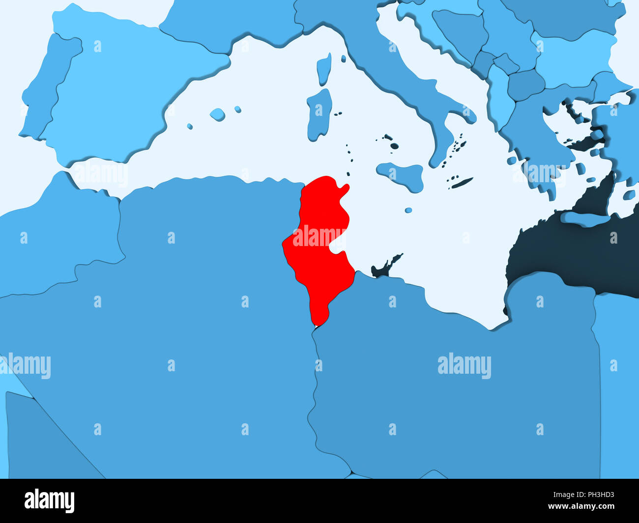 Tunisia in red on blue political map with transparent oceans. 3D ...