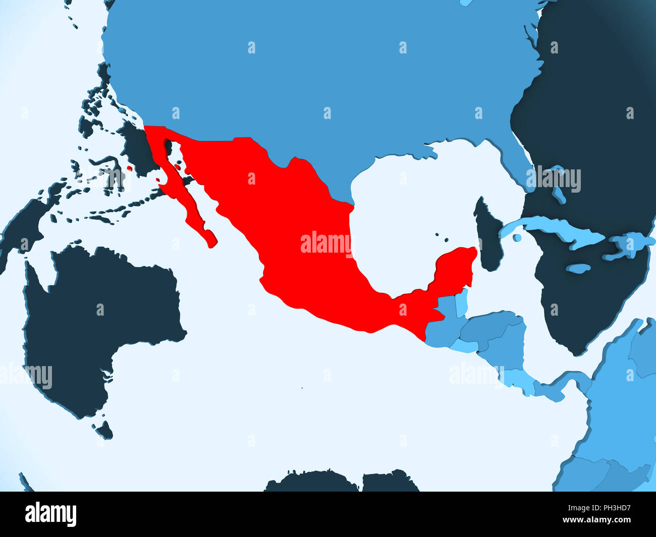 Mexico in red on blue political map with transparent oceans. 3D ...