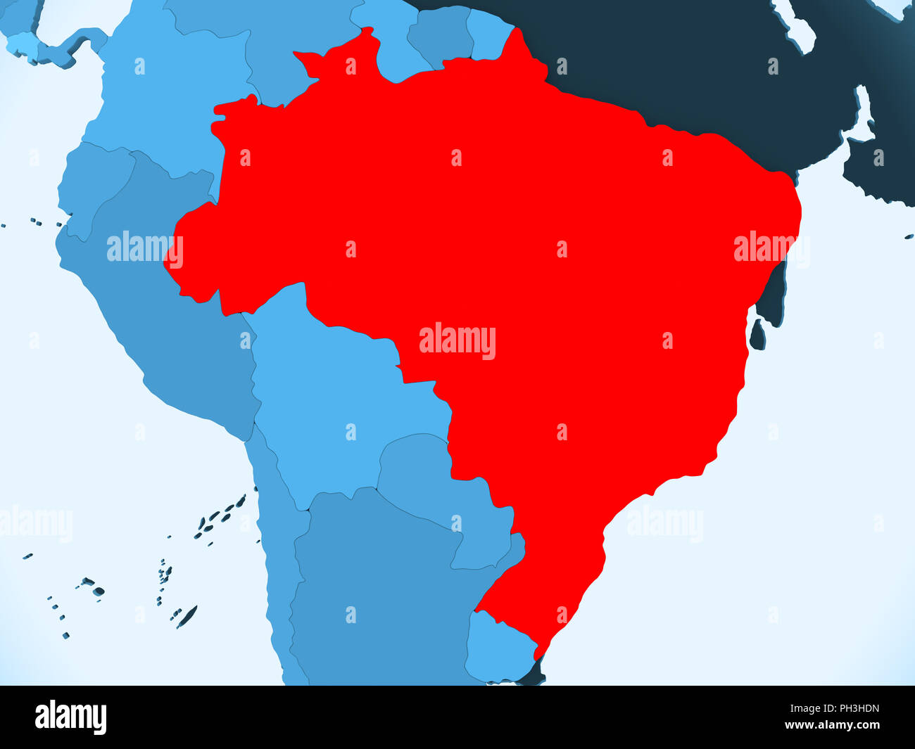 Brazil in red on blue political map with transparent oceans. 3D ...