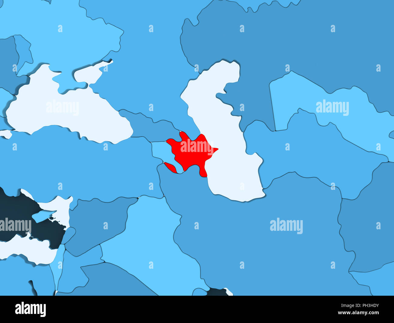 Azerbaijan in red on blue political map with transparent oceans. 3D ...