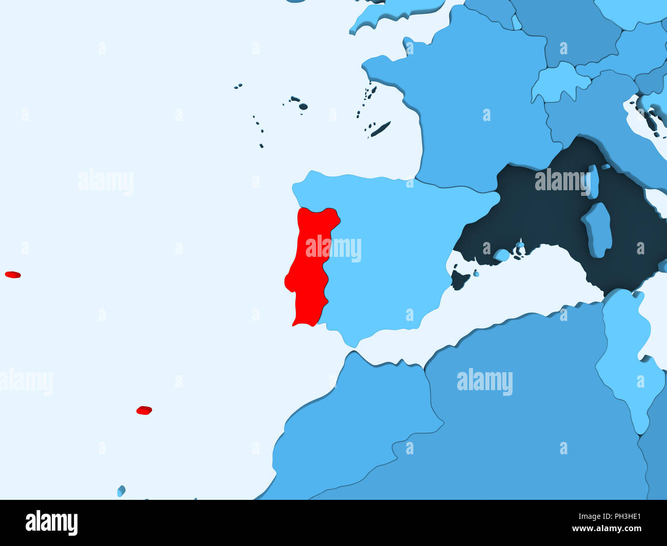 Portugal in red on blue political map with transparent oceans. 3D ...
