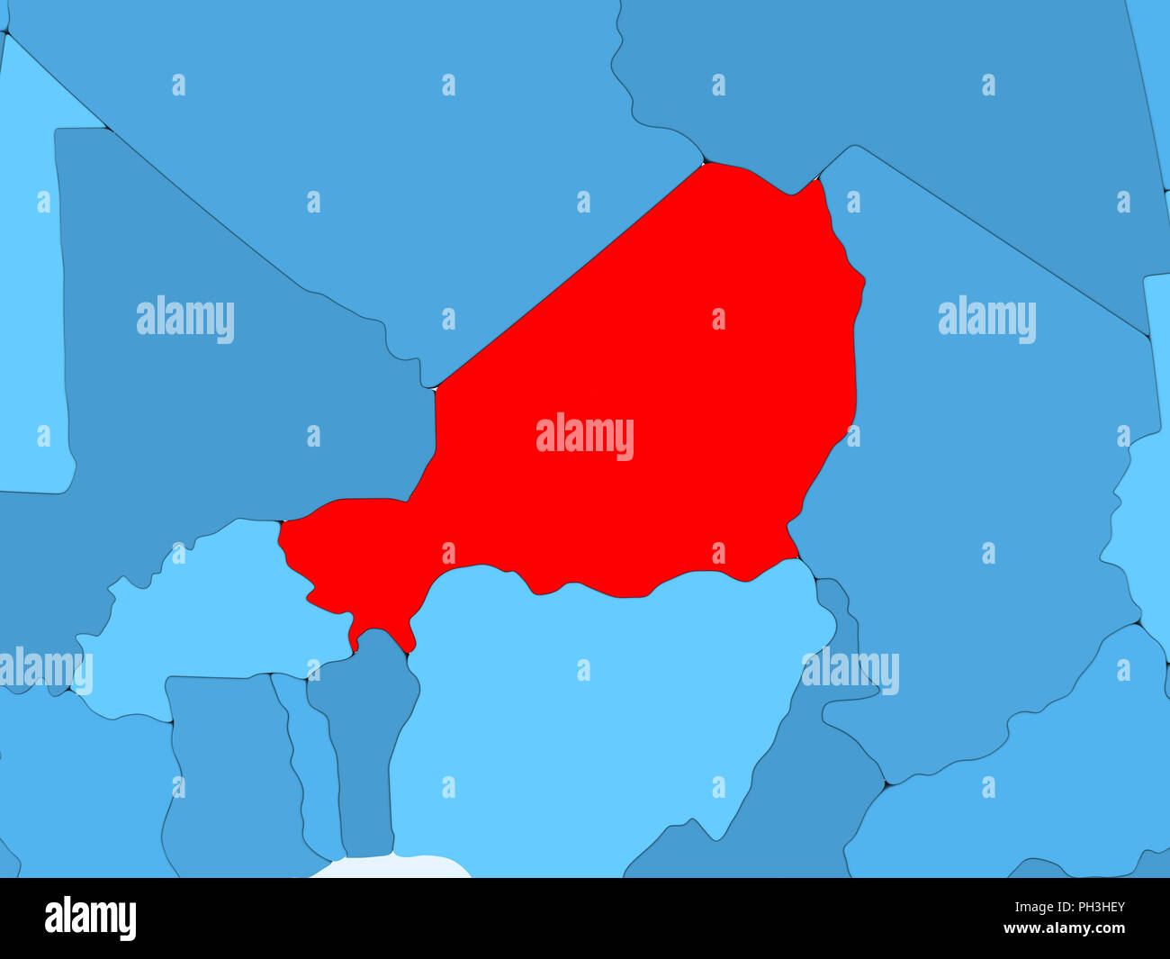 Niger in red on blue political map with transparent oceans. 3D ...