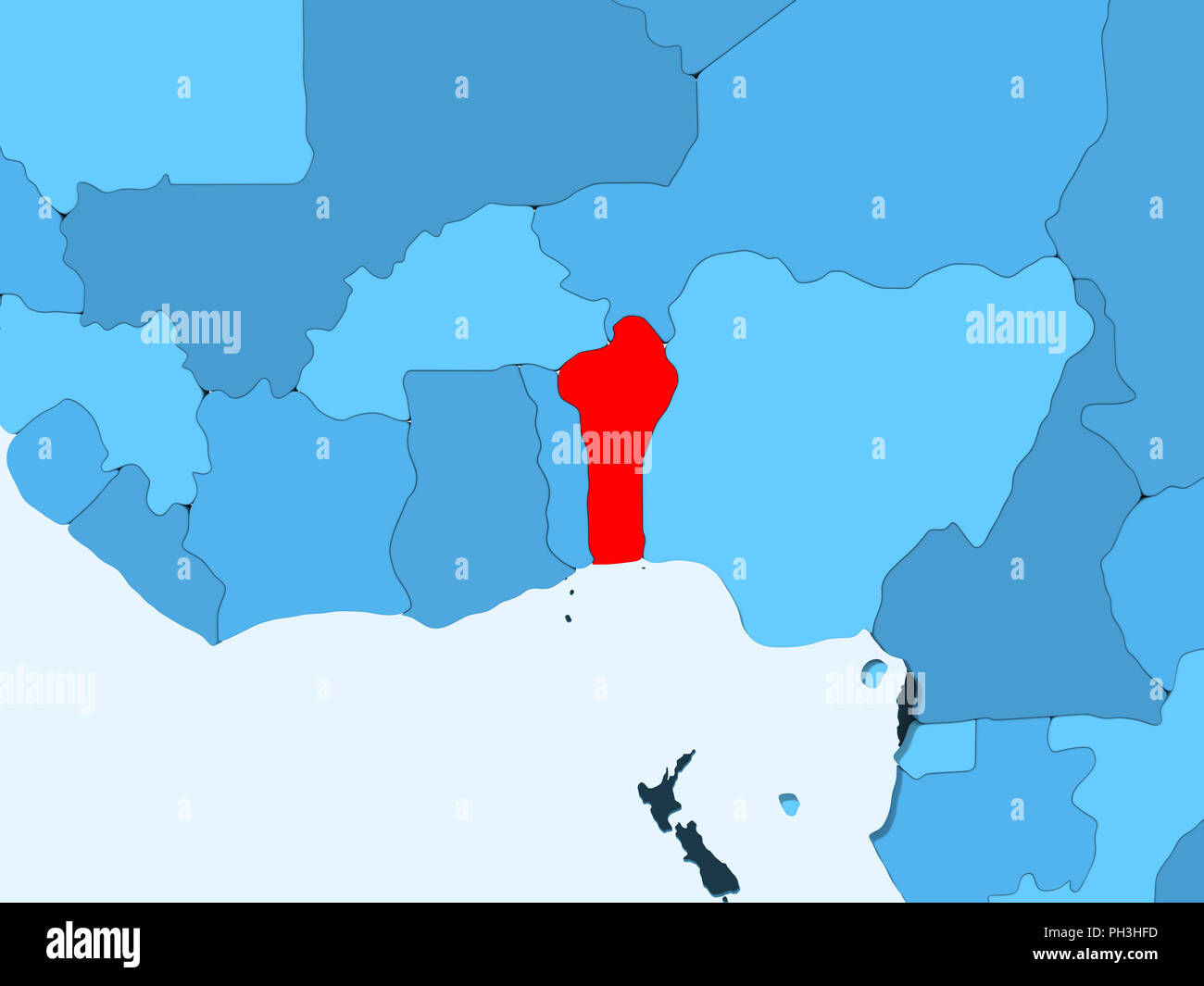 Benin in red on blue political map with transparent oceans. 3D ...