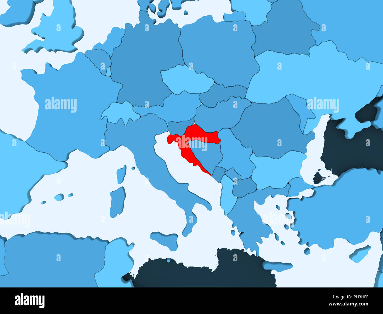Croatia in red on blue political map with transparent oceans. 3D ...