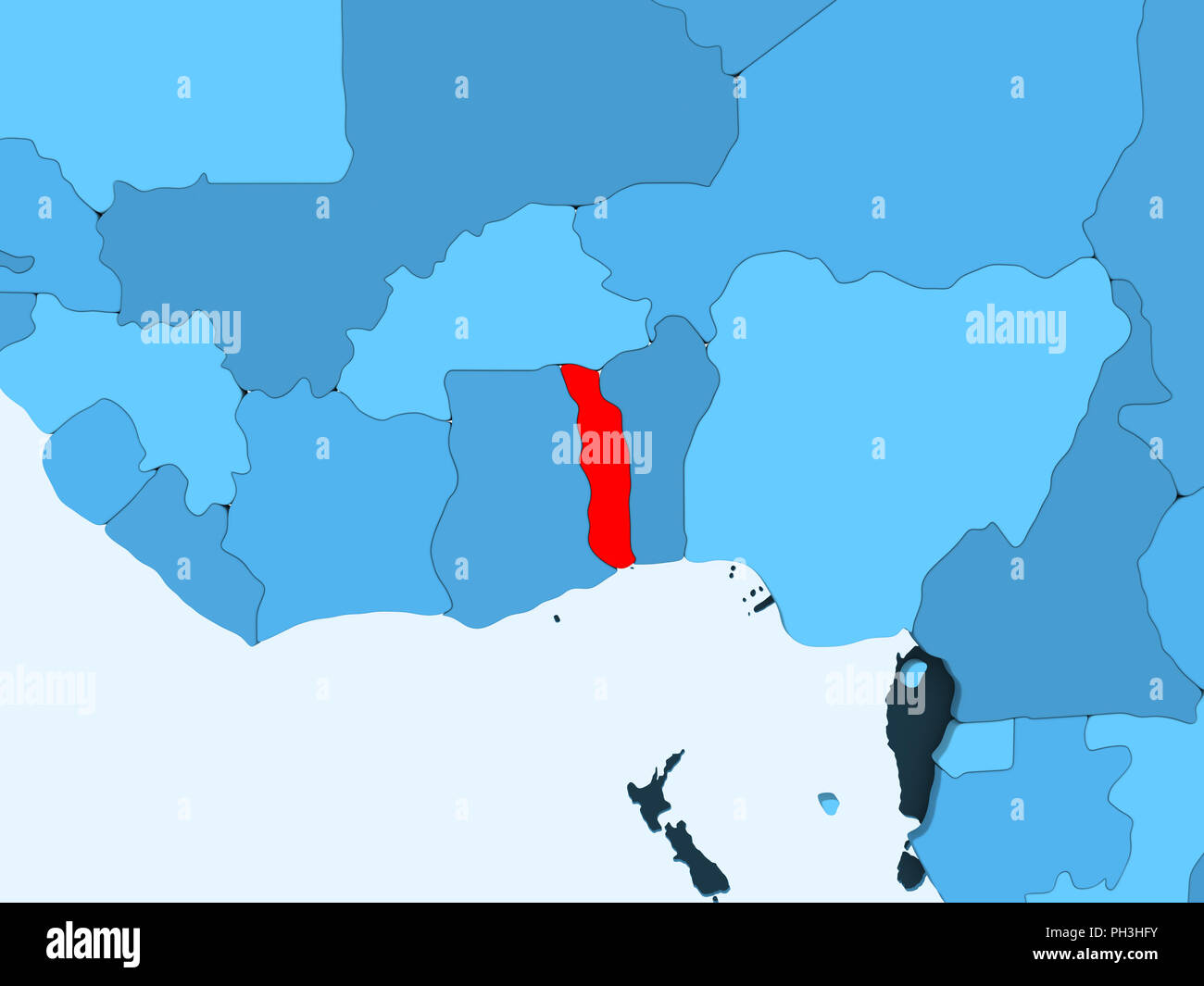Togo in red on blue political map with transparent oceans. 3D ...
