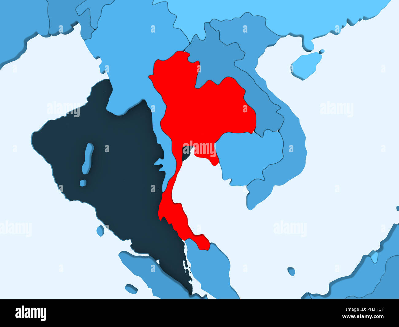 Thailand in red on blue political map with transparent oceans. 3D ...