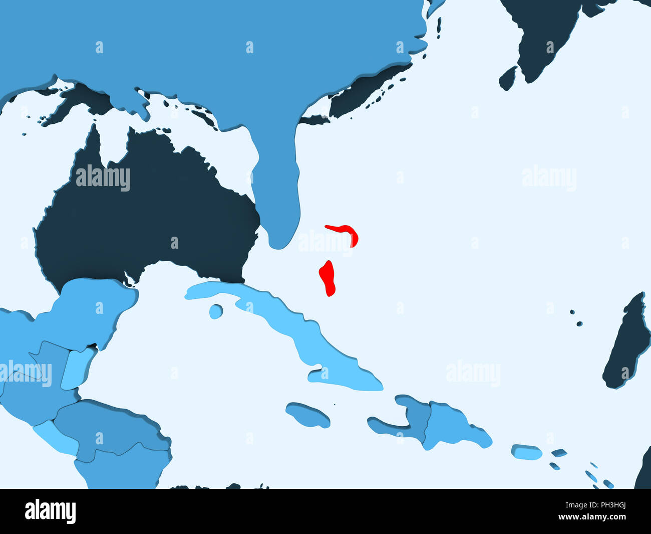 Bahamas in red on blue political map with transparent oceans. 3D ...