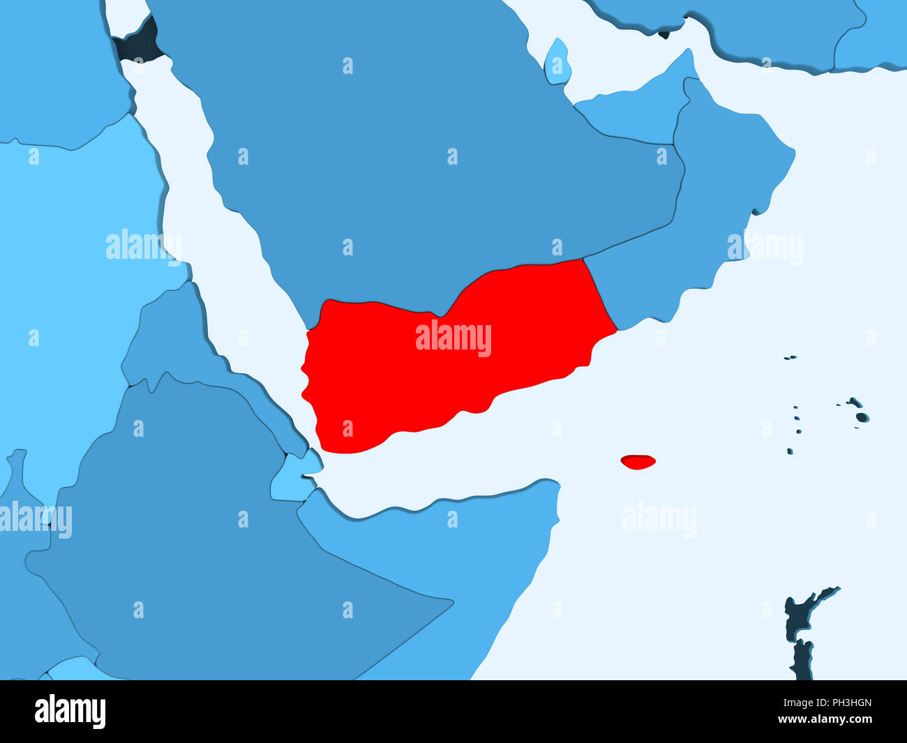 Yemen in red on blue political map with transparent oceans. 3D ...