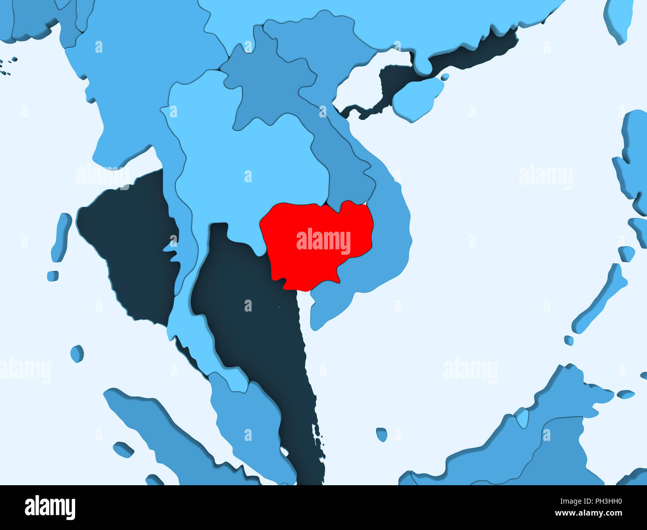 Cambodia in red on blue political map with transparent oceans. 3D ...