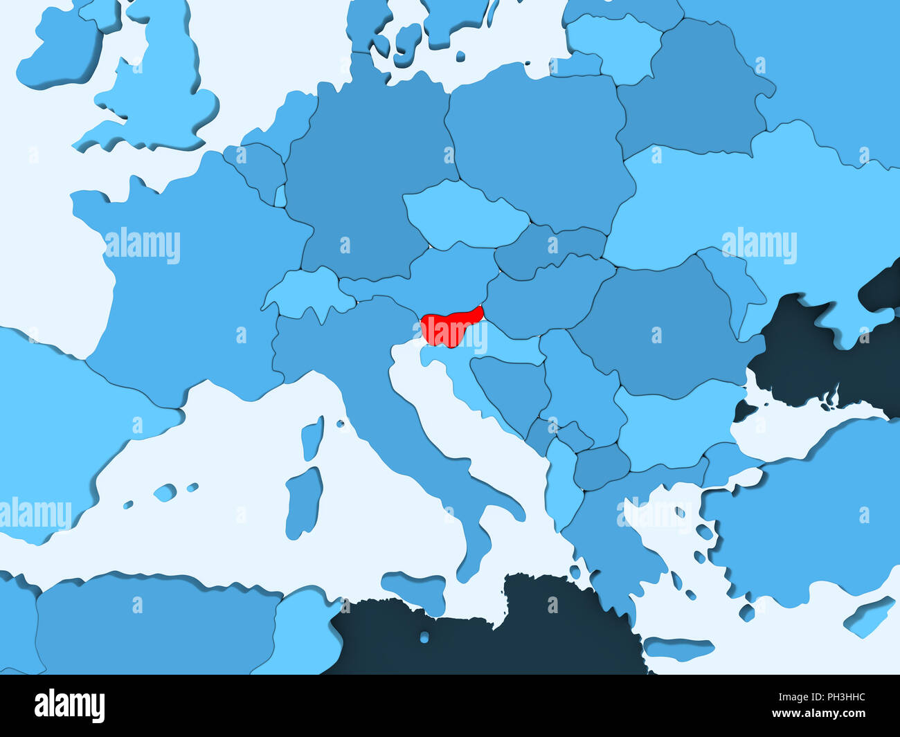 Slovenia in red on blue political map with transparent oceans. 3D ...