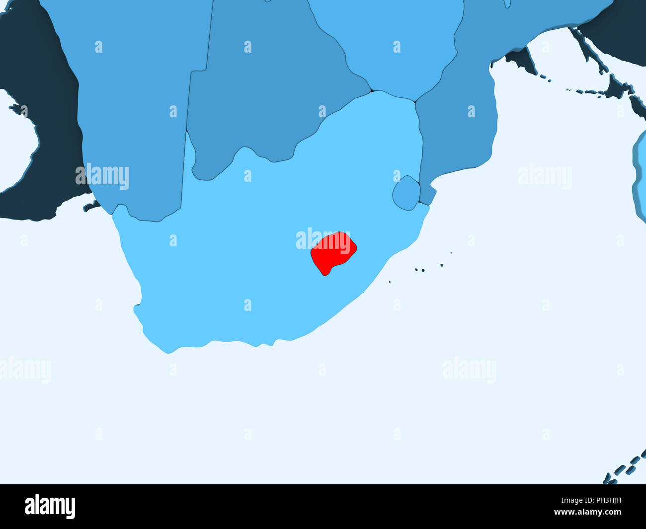 Lesotho in red on blue political map with transparent oceans. 3D ...