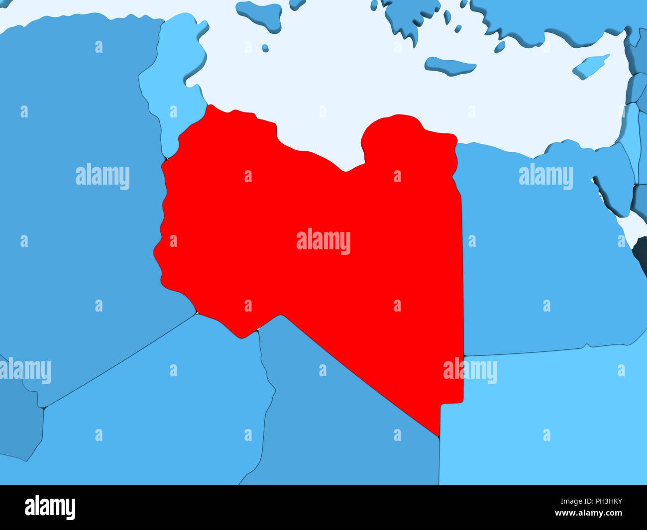 Libya in red on blue political map with transparent oceans. 3D ...