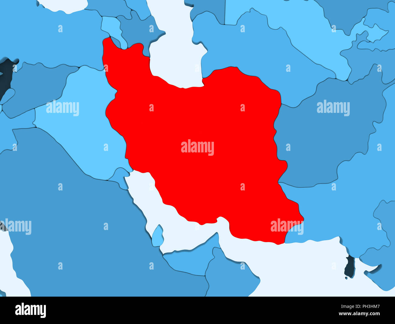 Iran in red on blue political map with transparent oceans. 3D ...