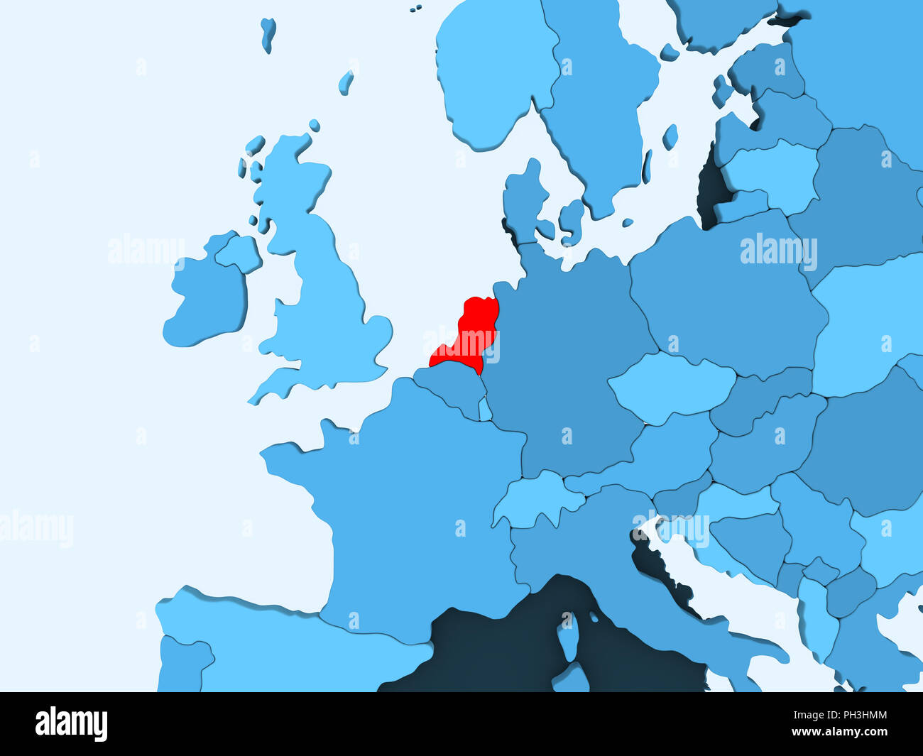 Netherlands in red on blue political map with transparent oceans. 3D ...