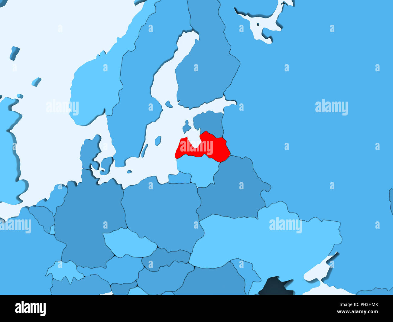 Latvia in red on blue political map with transparent oceans. 3D ...