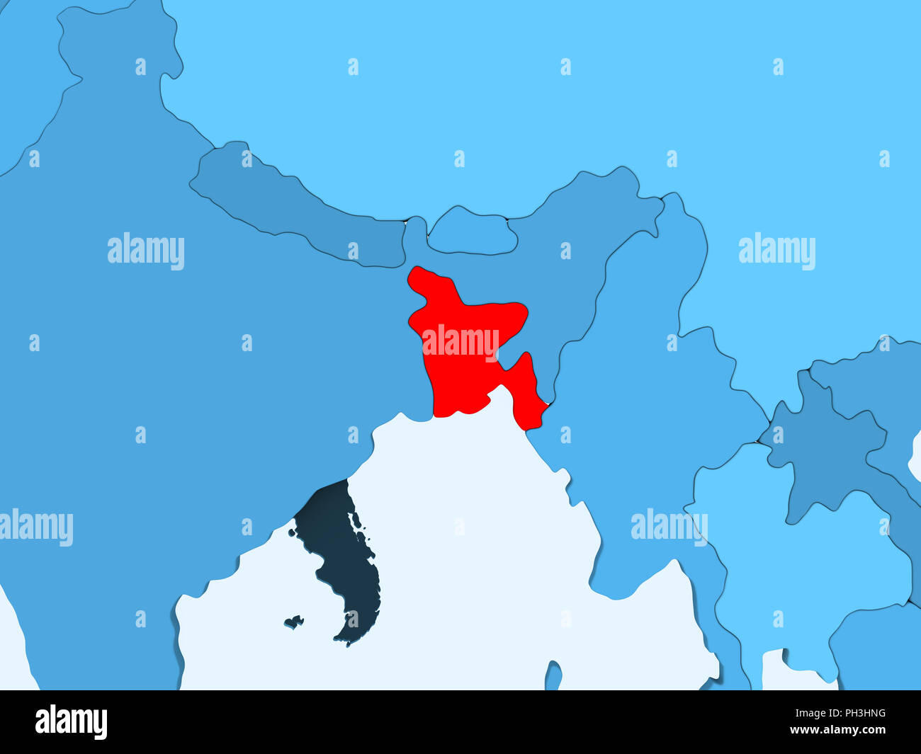 Bangladesh in red on blue political map with transparent oceans. 3D ...
