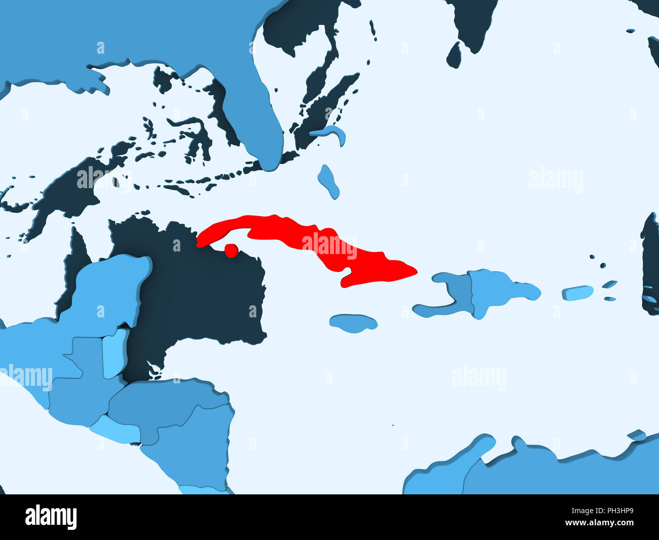 Cuba in red on blue political map with transparent oceans. 3D ...