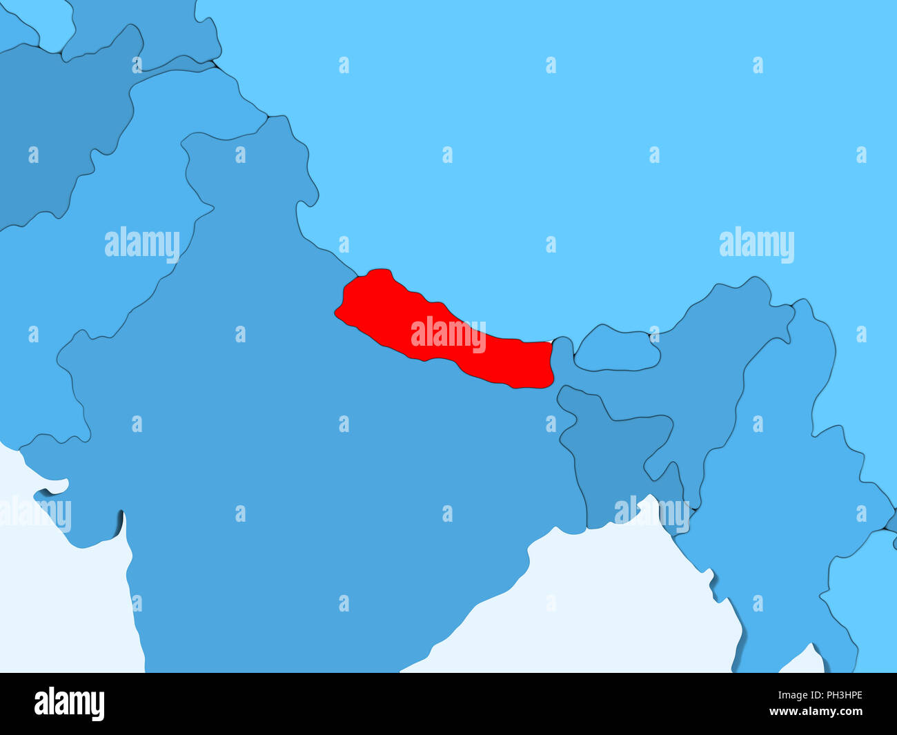 Nepal in red on blue political map with transparent oceans. 3D ...