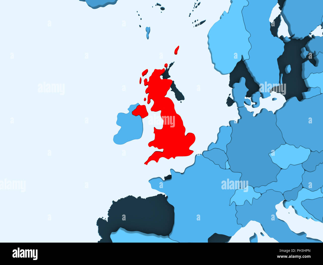 United Kingdom in red on blue political map with transparent oceans. 3D ...
