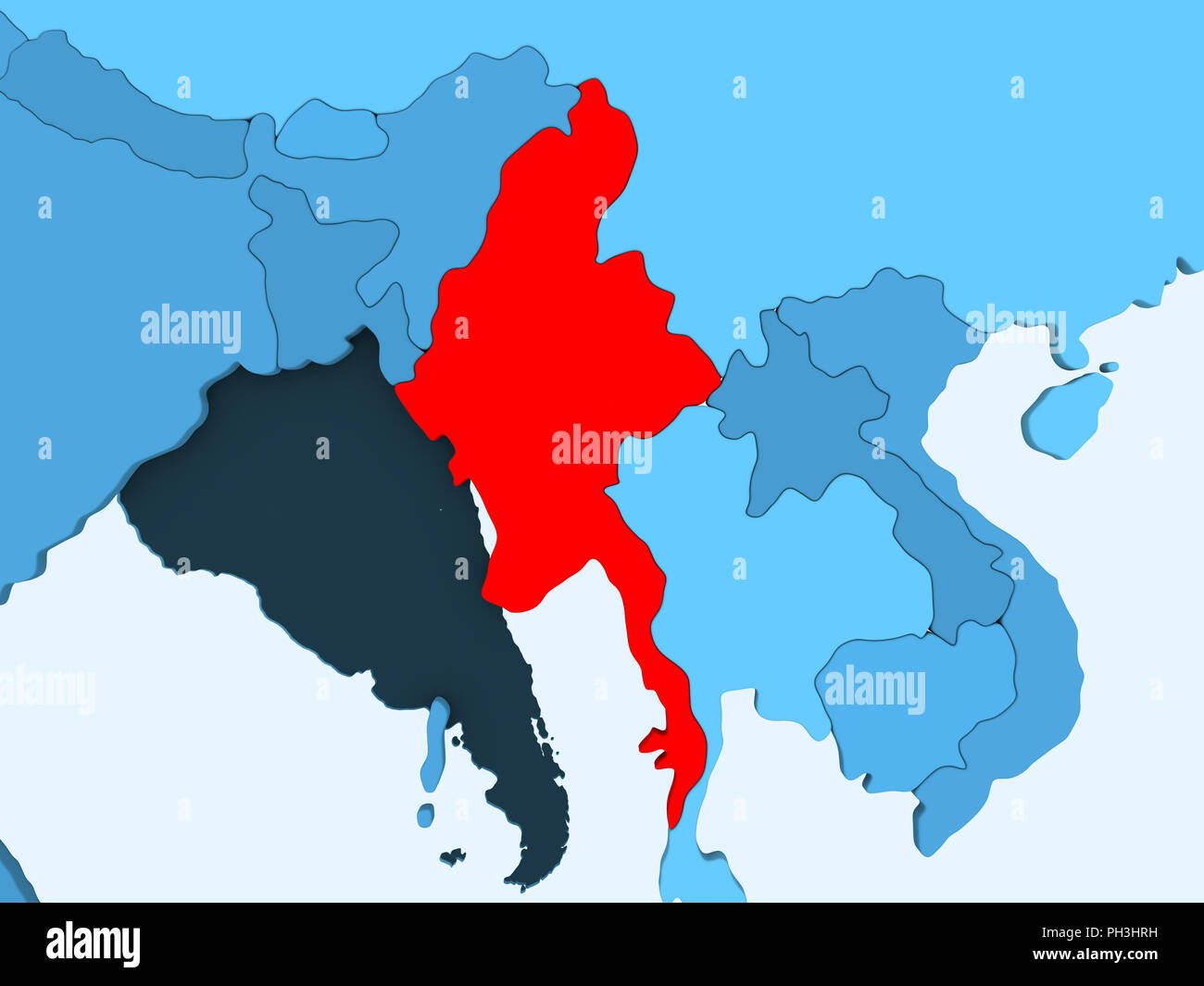 Myanmar in red on blue political map with transparent oceans. 3D ...