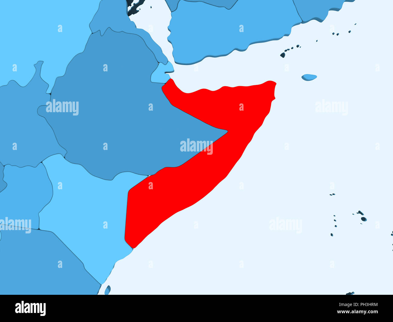 Somalia in red on blue political map with transparent oceans. 3D ...