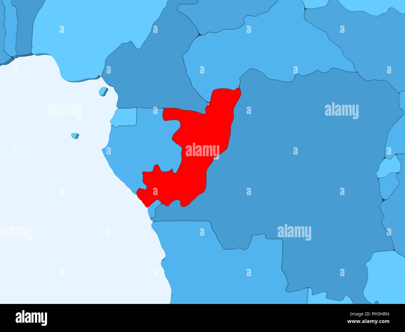 Congo in red on blue political map with transparent oceans. 3D ...