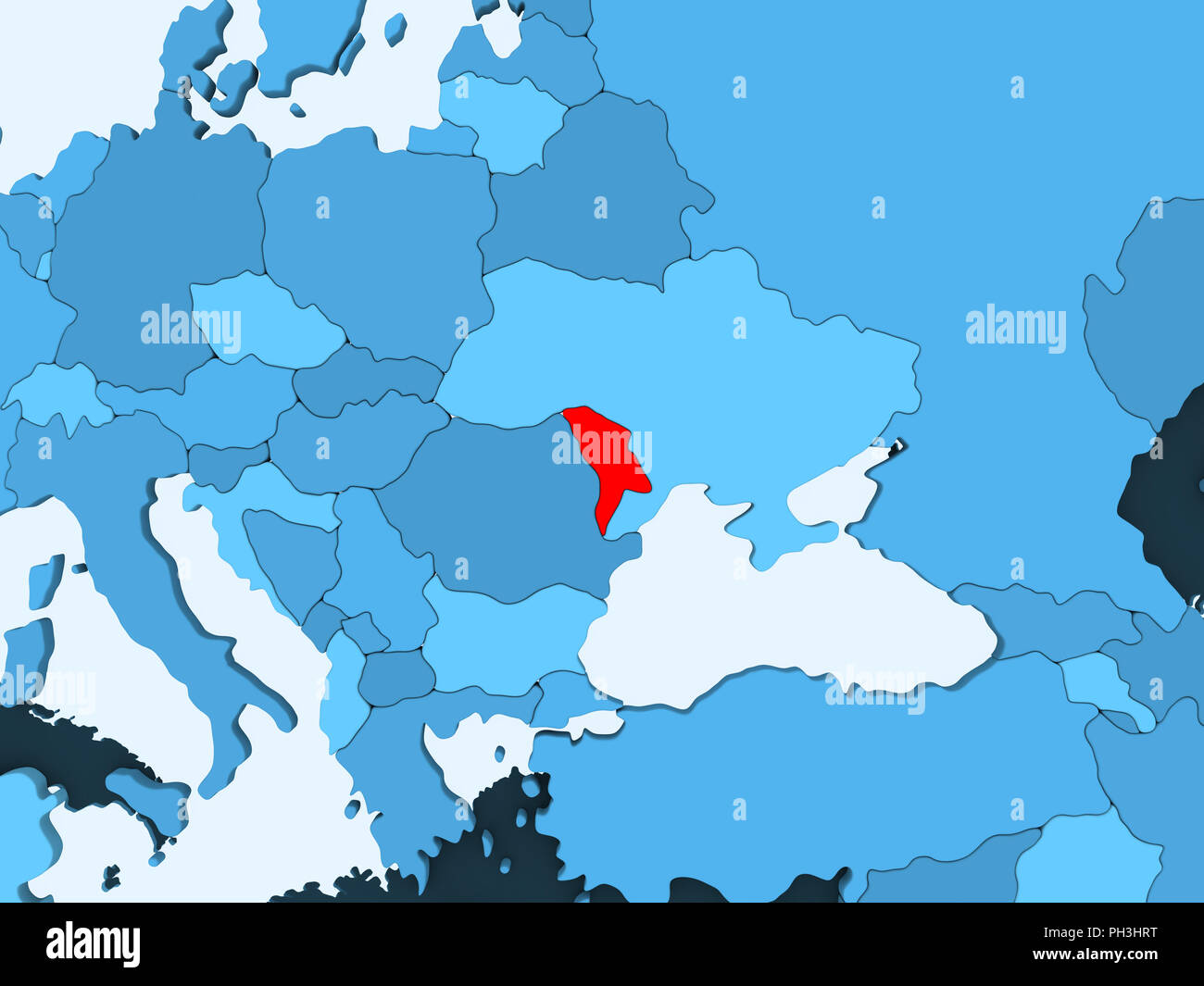 Moldova in red on blue political map with transparent oceans. 3D ...