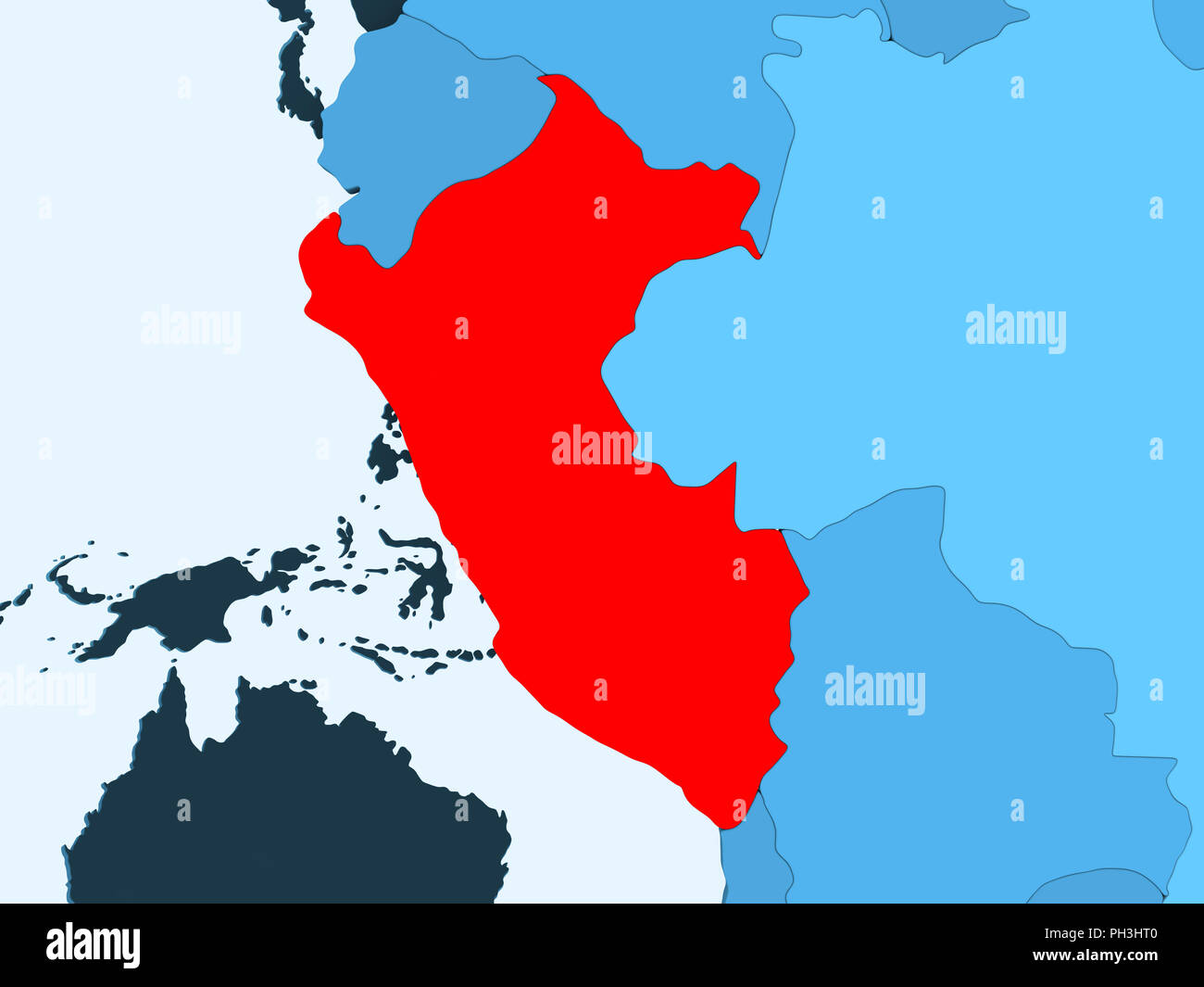 Peru in red on blue political map with transparent oceans. 3D ...