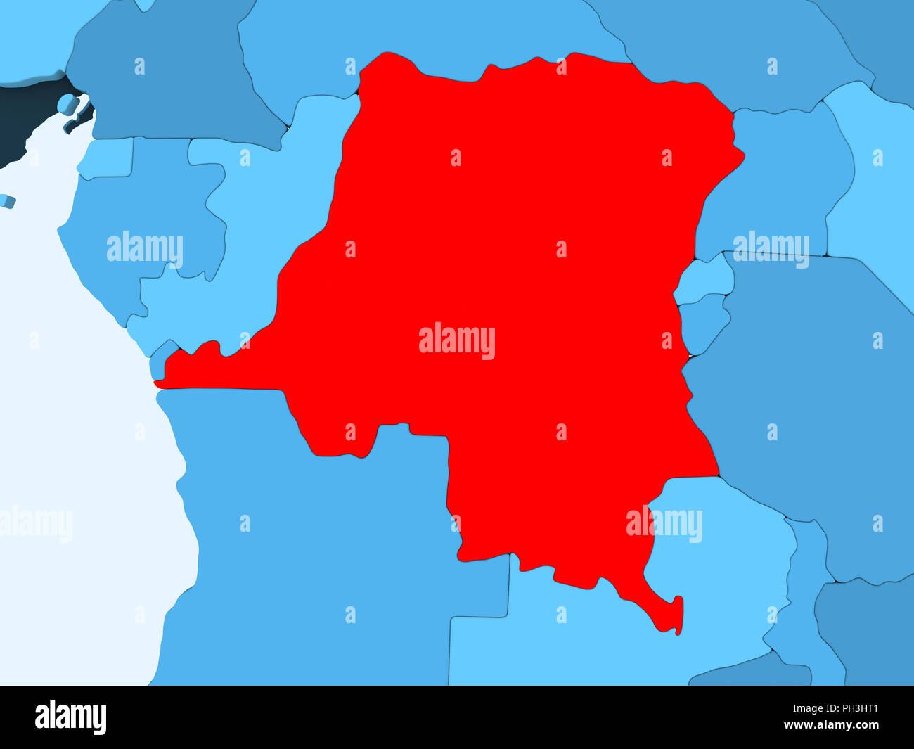 Democratic Republic of Congo in red on blue political map with ...