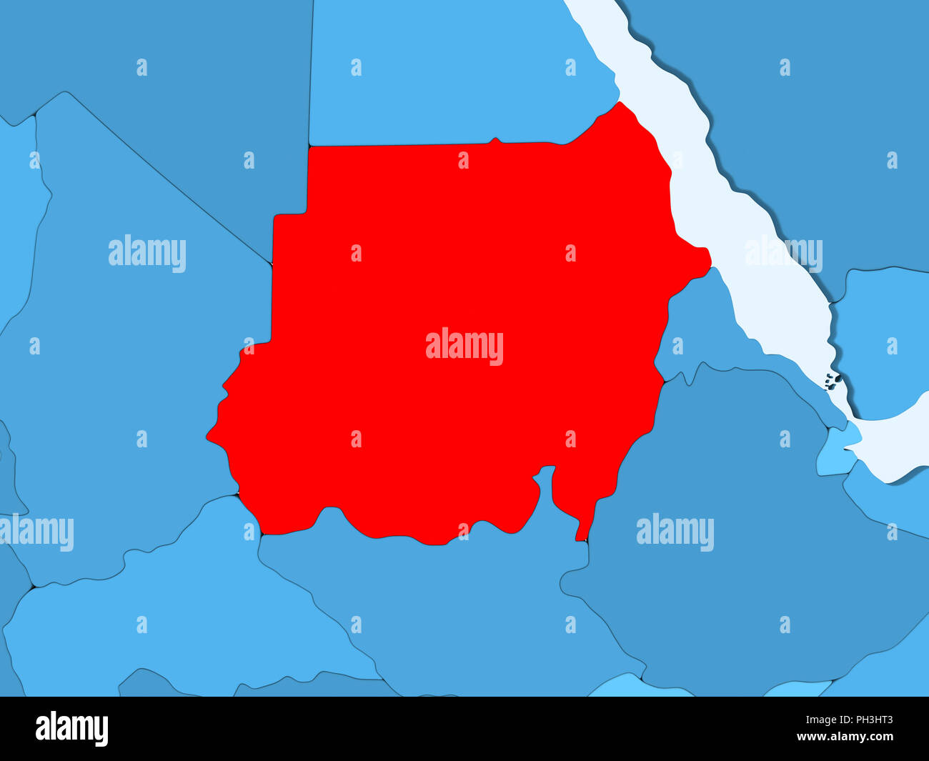 Sudan in red on blue political map with transparent oceans. 3D ...
