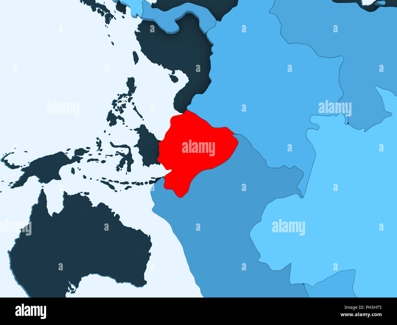 Ecuador in red on blue political map with transparent oceans. 3D ...